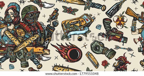 Survival Seamless Background Post Apocalypse Pattern Stock Vector ...