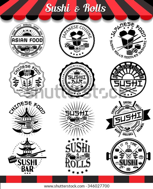 Sushi Rolls Labels Set Japanese Chinese Stock Vector (Royalty Free ...
