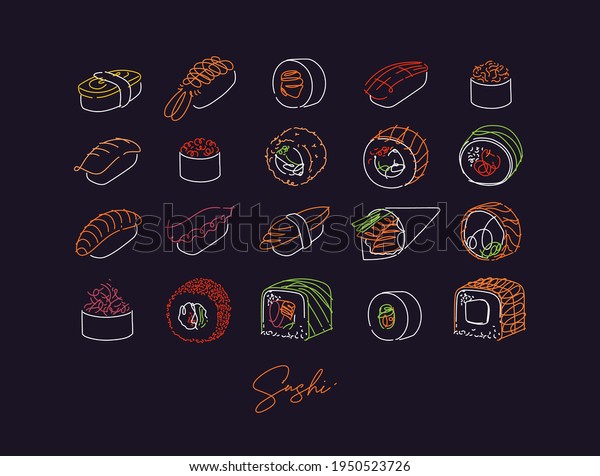 Sushi Types Poster Drawing Line Neon Stock Vector (Royalty Free ...