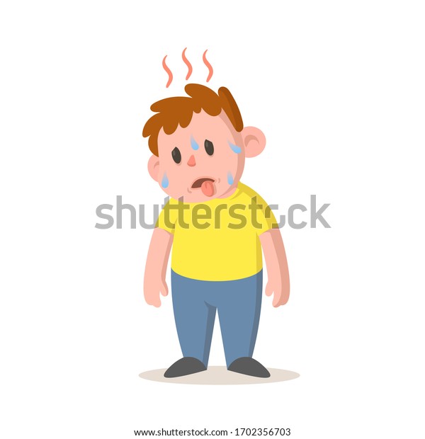 Sweating boy feeling hot, high temperature, hot weather. Cartoon ...