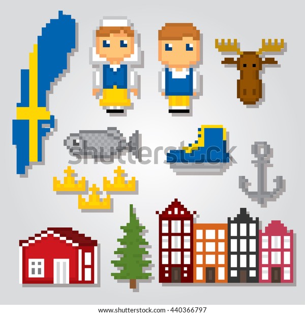 Sweden Icons Set Pixel Art Old Stock Vector Royalty Free 440366797