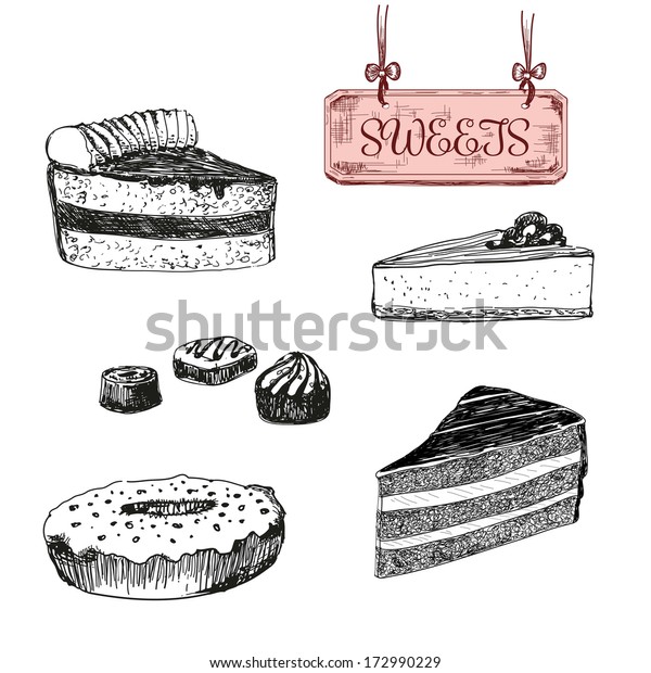 Sweets Dessert Set Hand Drawn Illustrations Stock Vector (Royalty Free ...