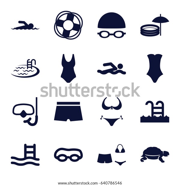 Iconos Swim definidos. juego de 16 íconos llenos de nado como tortuga ...