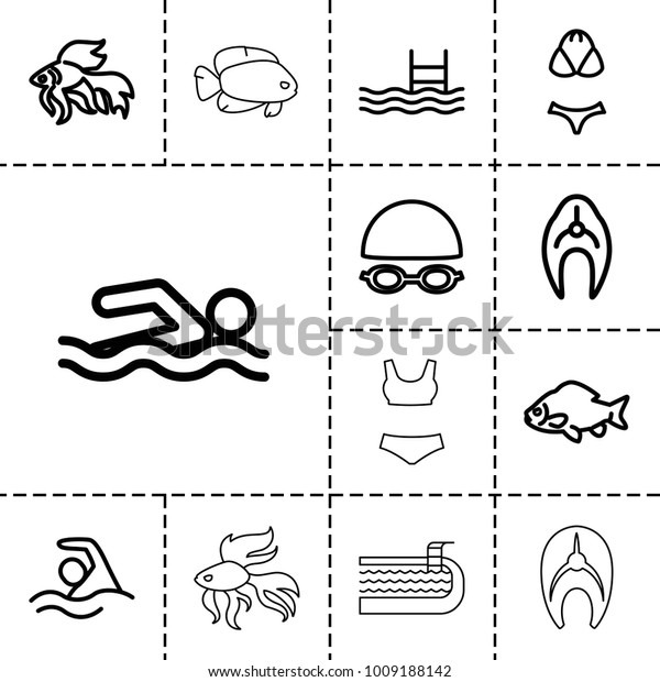 Swimming icons. set of 13 editable outline swimming icons such as fish ...
