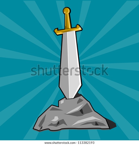 Sword stuck into stone. Cartoon vector illustration