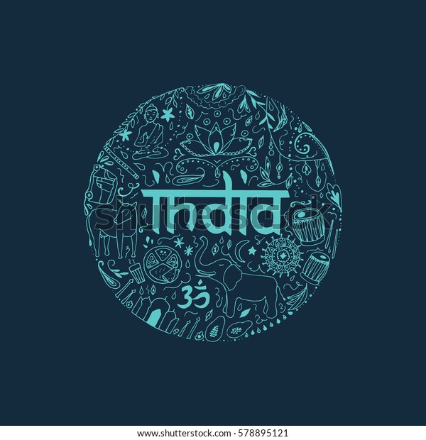Symbols of India in the form of circle. Hand drawing elements of India ...