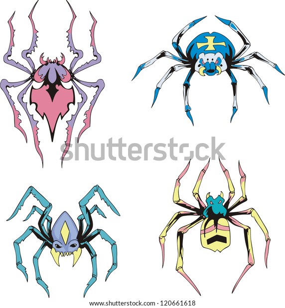 Symmetrical Spiders Set Color Vector Illustrations: vector de stock ...