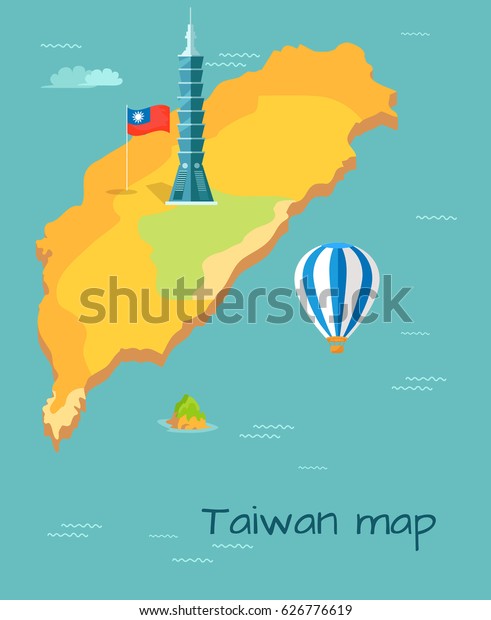 Taiwan map with high skyscraper Taipei, flag of island in Pacific Ocean ...