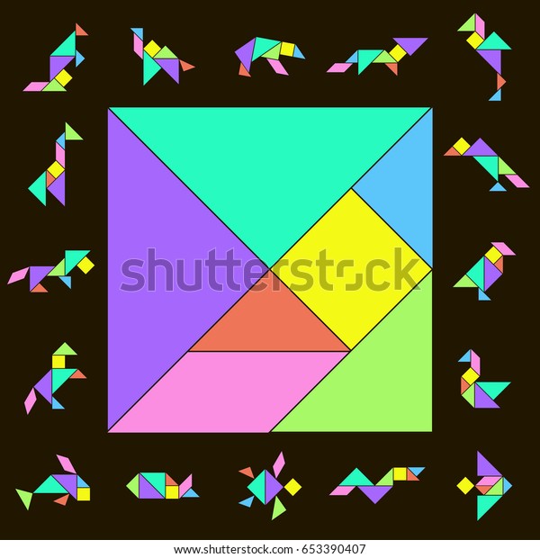 Tangram Set Cards Cut Play Animals Stock Vector (Royalty Free) 653390407