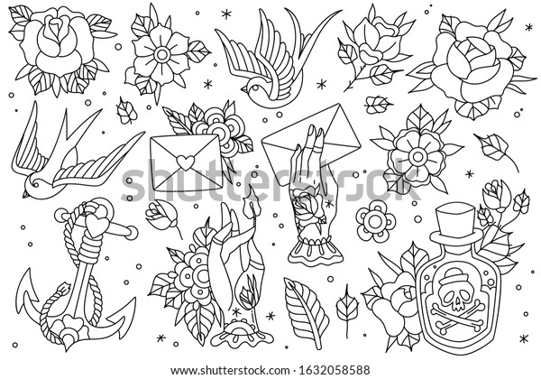 Tattoo Flash Outlines Icons Pack Old: vetor stock (livre de direitos ...