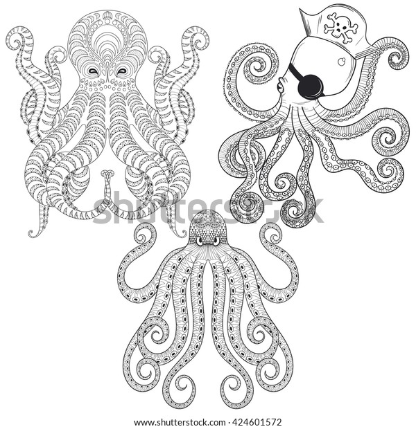 Tattoo Octopus Set Hand Drawn Zentangle Stock Vector (Royalty Free ...