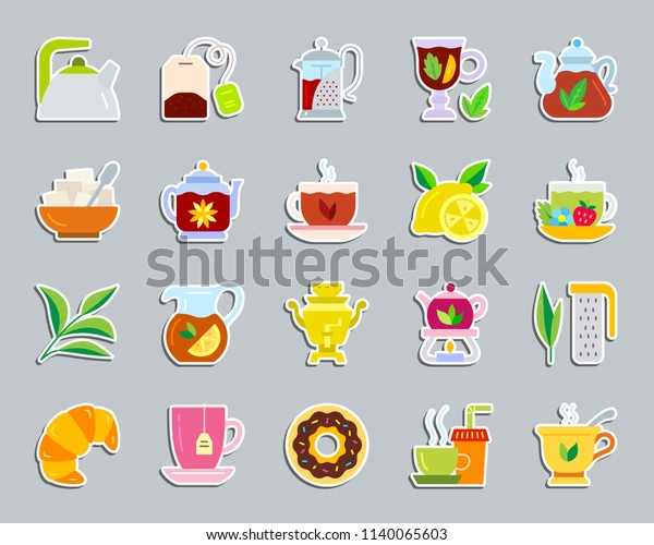 Tea attributes sticker icons set. Web flat sign kit of cup. Tea Time ...