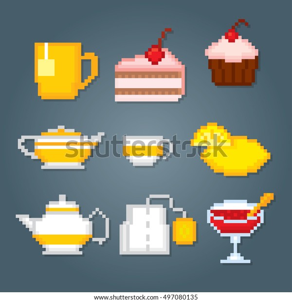 Tea Party Icons Set Pixel Art Stock Vector (Royalty Free) 497080135 ...