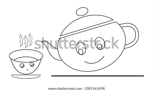 Tea Pot Cup Tea Cartoon Outline Stock Vector (Royalty Free) 1085163698 ...