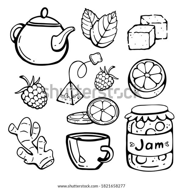 Tea Set Doodle Set Vector Blackandwhite Stock Vector (Royalty Free ...