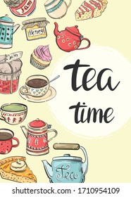 Tea Time Flyer Banner Cups Teapots Stock Vector (Royalty Free ...