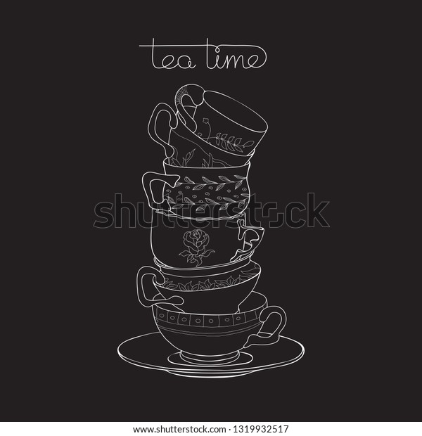 Tea Time Freehand Drawing Stacked Teacups Stock Vector (Royalty Free ...