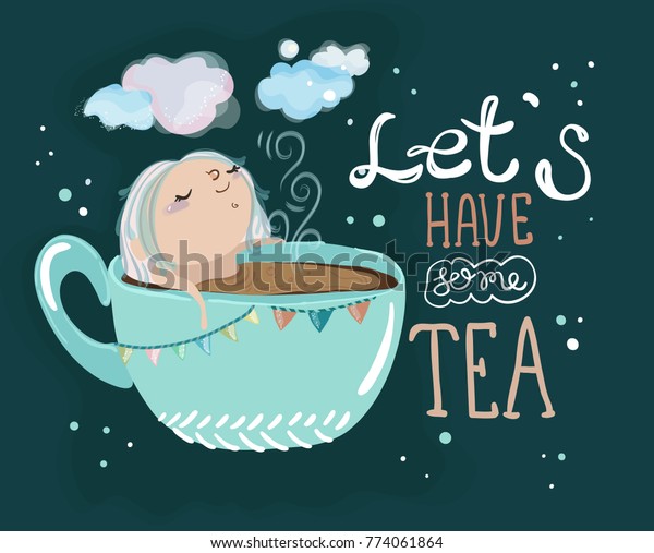 Tea Time Lettering Cute Cartoon Baby Stock Vector (Royalty Free) 774061864
