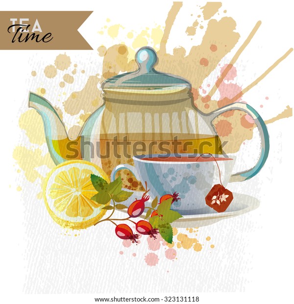 Tea Time Watercolor Vector Background 스톡 벡터(로열티 프리) 323131118 ...