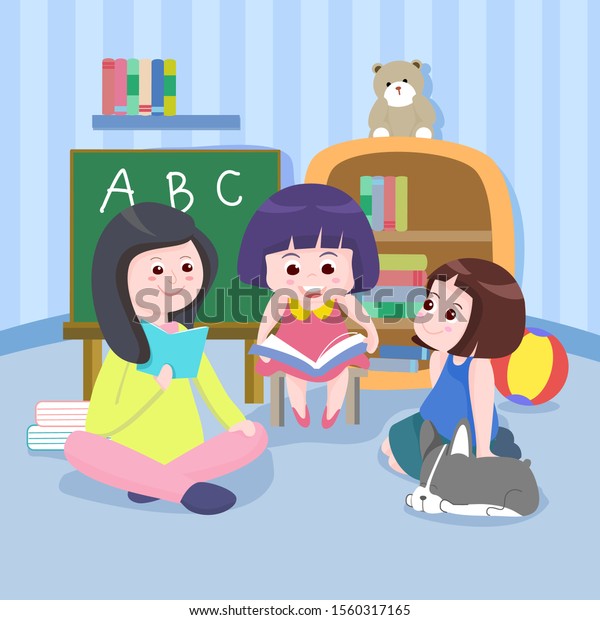 Teacher and two students are reading a book. Education with flat design ... Teacher and two students are reading a book. Education with flat design ...