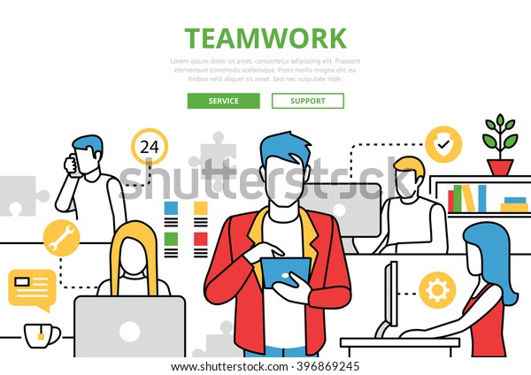 Teamwork Concept Flat Line Art Vector Stock Vector (Royalty Free ...
