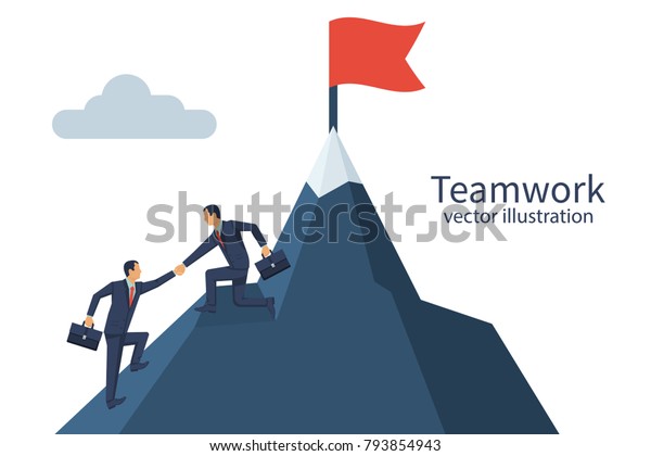 Teamwork concept. Two businessmen together rise on mountain with flag ...