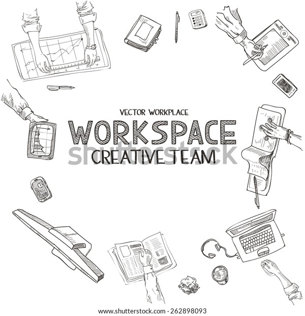 Teamwork, top view people hands sketch hand drawn doodle office ... Teamwork, top view people hands sketch hand drawn doodle office ...