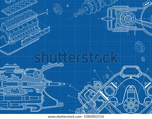 Technical Blue Background Drawings Details Mechanismsengine Stock ...