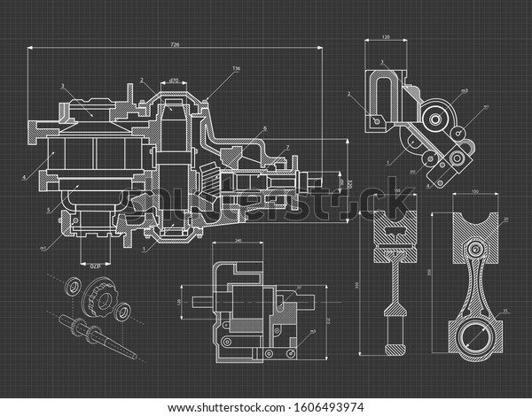 Technical Blue Background Drawings Details Mechanismsengine Stock ...