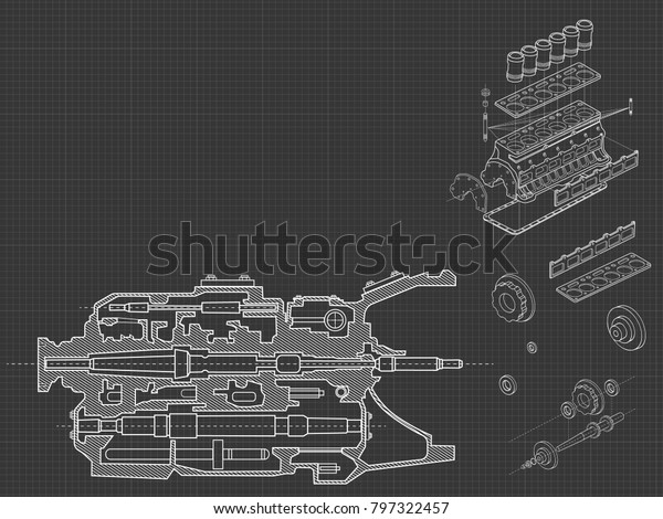 Technical Blue Background Drawings Details Mechanismsengine Stock ...