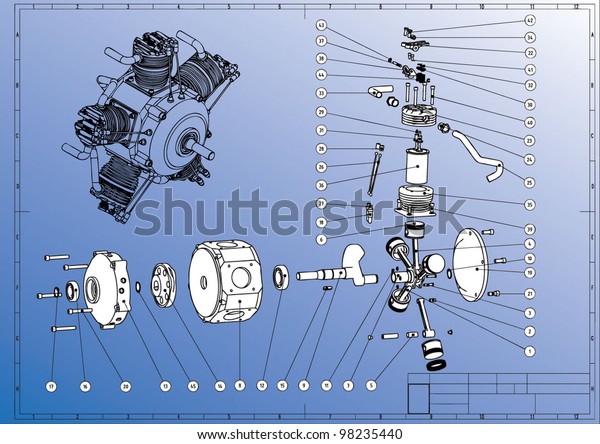 Technical drawing. Break-up assembly Radial Cylinder Engine. Vector image.