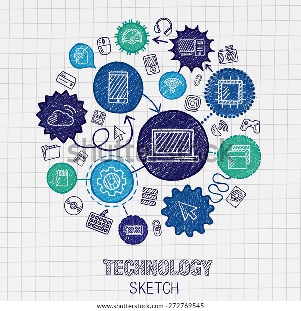 Technology Hand Drawing Integrated Sketch Icons: vector de stock (libre ...