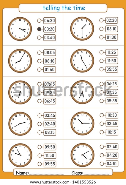 Telling Time Choose Correct Time Worksheet Stock Vector (Royalty Free ...