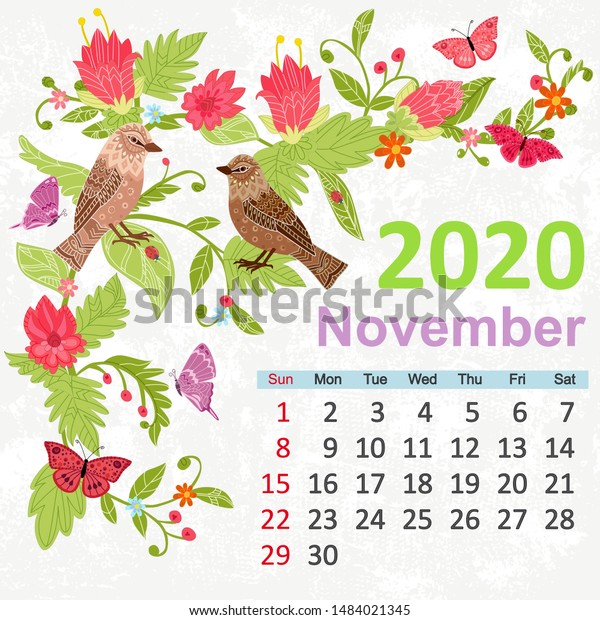 Template Couple Beautiful Birds Calendar 2020 Stock Vector (Royalty ...
