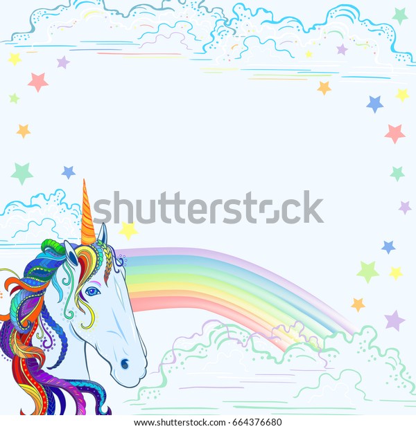 Template Unicorn Rainbow Clouds Stars Text: เวกเตอร์สต็อก (ปลอดค่า ...
