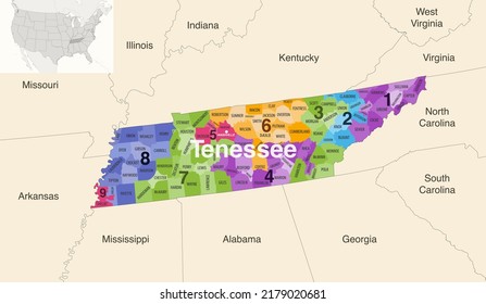 Tennessee State Counties Colored By Congressional Stock Vector (Royalty ...