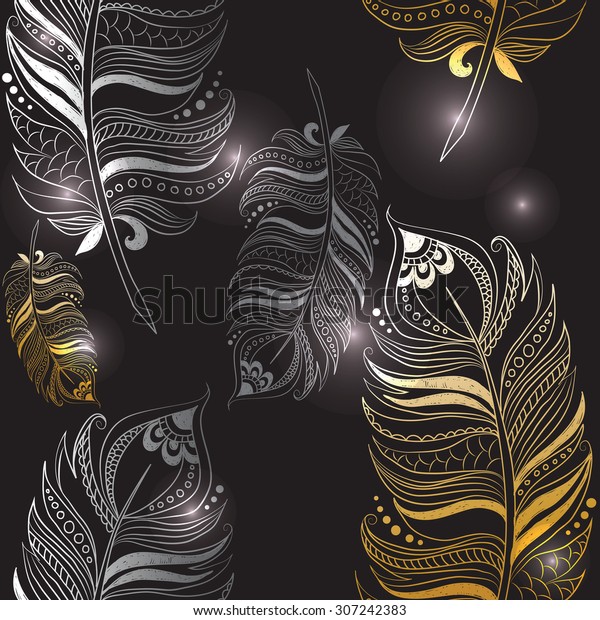 Texture Gold Silver Feathers On Black Stock Vector (Royalty Free) 307242383