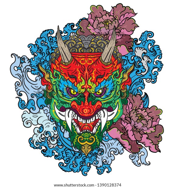 Thai Demon Mask Water Splash Peony Stock Vector (Royalty Free) 1390128374