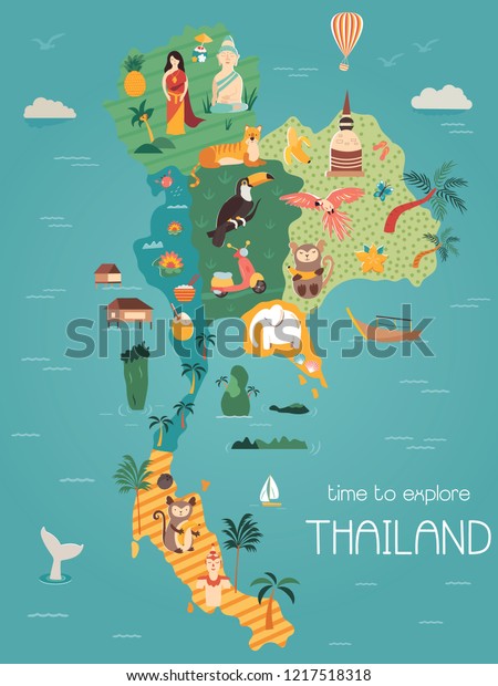 Thailand cartoon vector map with famous destinations, animals, fruits ...