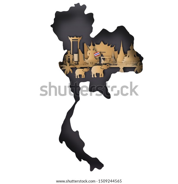Thailand Famous Landmarks Map Paper Cut Stock Vector (Royalty Free ...