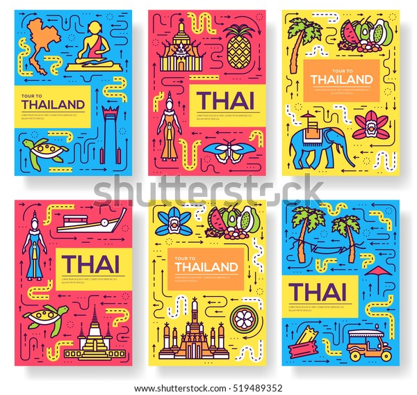 thailand thin line brochure cards set. Country template of flyear ...