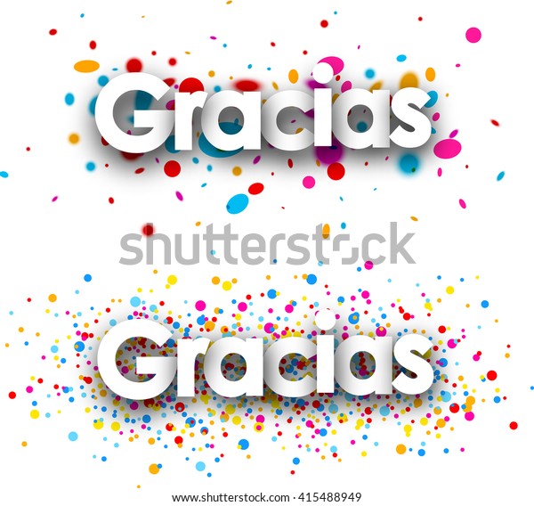 Thanks paper banners set with color drops, Spanish. Vector illustration.
