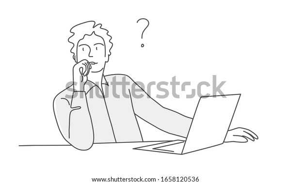 Thinking Man Sitting Table Laptop Question: เวกเตอร์สต็อก (ปลอดค่า ...