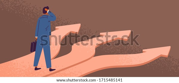 Thoughtful Man Standing Crossroads Way Choice Stok Vektör Telifsiz