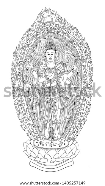 Thousand Hands Guanyin Line Drawing Vector Stock Vector (Royalty Free ...