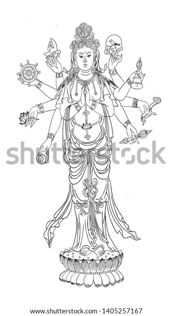 Thousand Hands Guanyin Line Drawing Vector: vector de stock (libre de ...