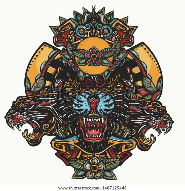 Three Angry Black Panthers Mayan Color Stock Vector (Royalty Free ...