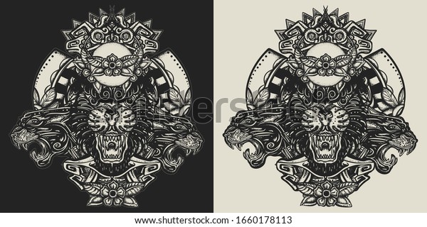 Three Angry Black Panthers Mayan Style Stock Vector (Royalty Free ...