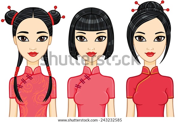 Three Animation Asian Girls Different Hairstyles 库存矢量图（免版税）243232585 ...