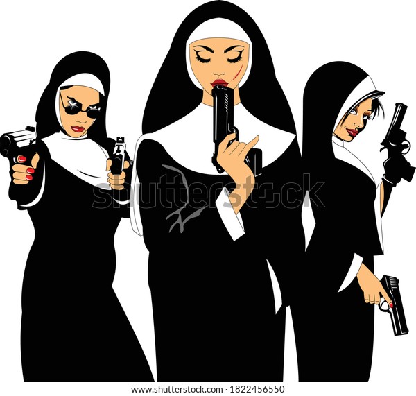 Three Beautiful Nuns Black Gun Vector Stock Vector (Royalty Free ...